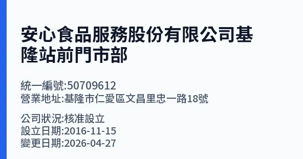 安心食品服務股份有限公司基隆站前門市部的照片-統編 50709612(基隆市) 公司登記資料與營業項目詳細圖表