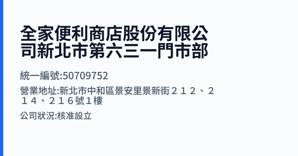 全家便利商店股份有限公司新北市第六三一門市部 - 統編 50709752(新北市) 公司登記資料與營業項目詳細圖表