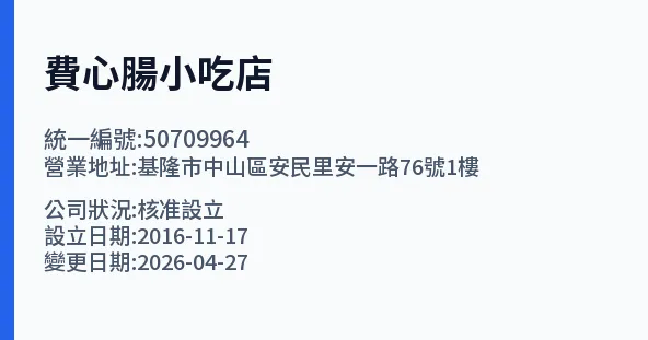 費心腸小吃店的照片-統編 50709964(基隆市) 公司登記資料與營業項目詳細圖表