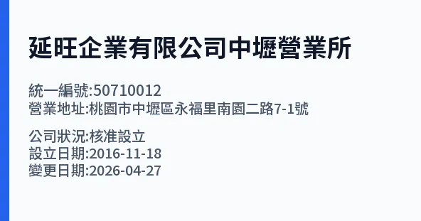 延旺企業有限公司中壢營業所的照片-統編 50710012(桃園市) 公司登記資料與營業項目詳細圖表