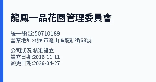 龍鳳一品花園管理委員會的照片-統編 50710189(桃園市) 公司登記資料與營業項目詳細圖表