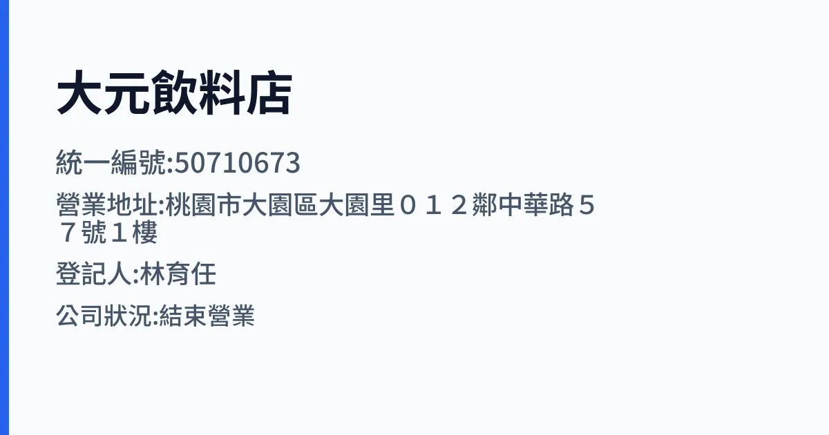 大元飲料店 - 統編 50710673(桃園市) 公司登記資料與營業項目詳細圖表