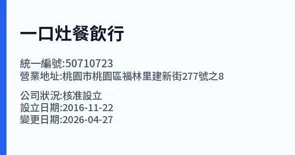 一口灶餐飲行的照片-統編 50710723(桃園市) 公司登記資料與營業項目詳細圖表