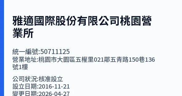 雅適國際股份有限公司桃園營業所的照片-統編 50711125(桃園市) 公司登記資料與營業項目詳細圖表