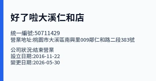 好了啦大溪仁和店的照片-統編 50711429(桃園市) 公司登記資料與營業項目詳細圖表
