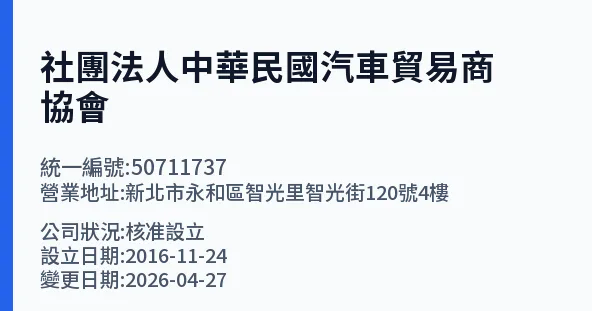 社團法人中華民國汽車貿易商協會的照片-統編 50711737(新北市) 公司登記資料與營業項目詳細圖表