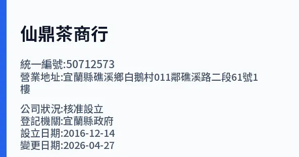 仙鼎茶商行的照片-統編 50712573(宜蘭縣) 公司登記資料與營業項目詳細圖表