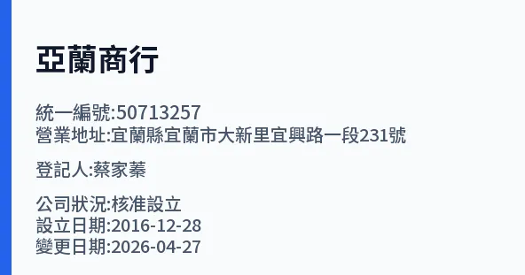 亞蘭商行的照片-統編 50713257(宜蘭縣) 公司登記資料與營業項目詳細圖表