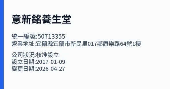 意新銘養生堂的照片-統編 50713355(宜蘭縣) 公司登記資料與營業項目詳細圖表