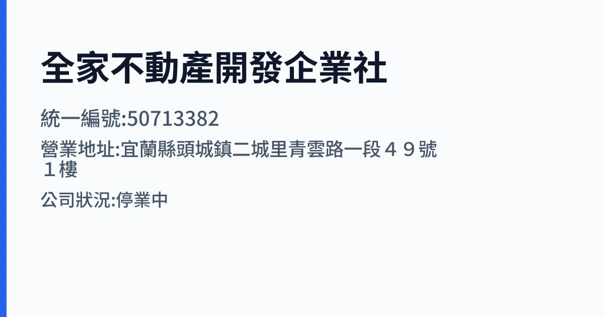 全家不動產開發企業社 - 統編 50713382(宜蘭縣) 公司登記資料與營業項目詳細圖表