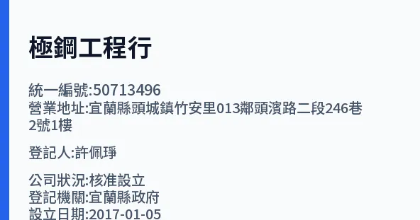 極鋼工程行的照片-統編 50713496(宜蘭縣) 公司登記資料與營業項目詳細圖表