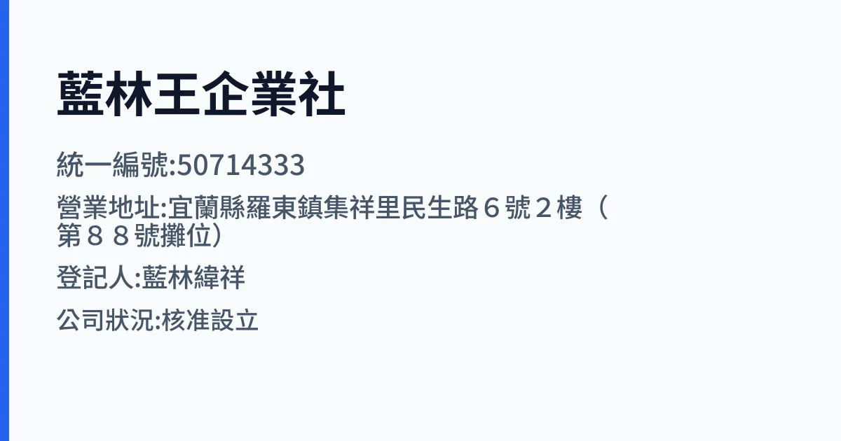 藍林王企業社 - 統編 50714333(宜蘭縣) 公司登記資料與營業項目詳細圖表