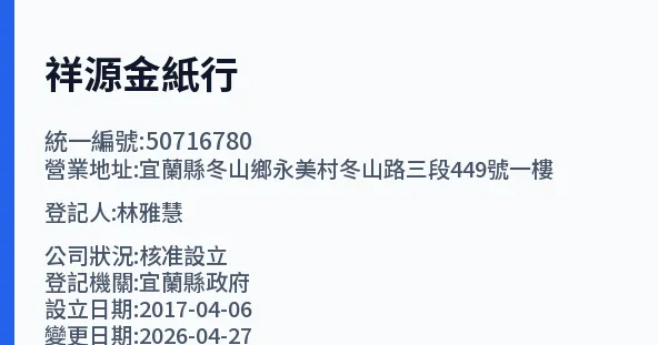 祥源金紙行的照片-統編 50716780(宜蘭縣) 公司登記資料與營業項目詳細圖表
