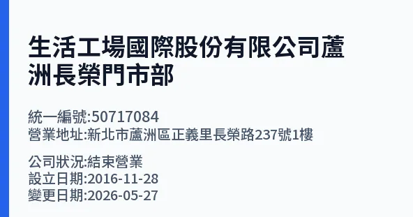 生活工場國際股份有限公司蘆洲長榮門市部的照片-統編 50717084(新北市) 公司登記資料與營業項目詳細圖表