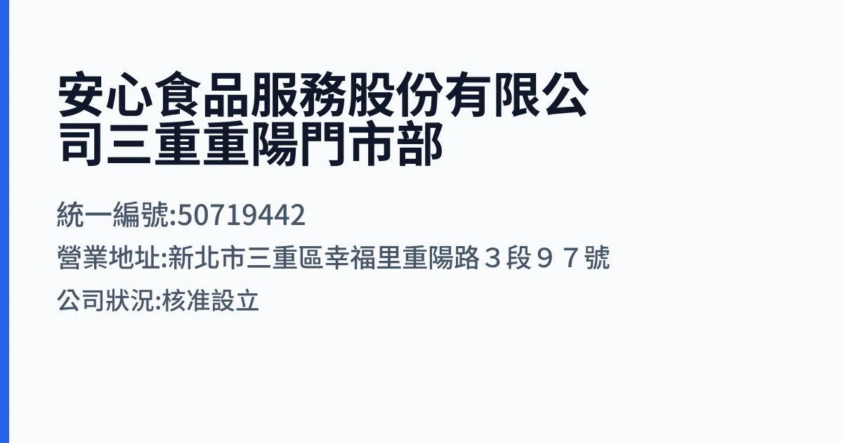 安心食品服務股份有限公司三重重陽門市部 - 統編 50719442(新北市) 公司登記資料與營業項目詳細圖表