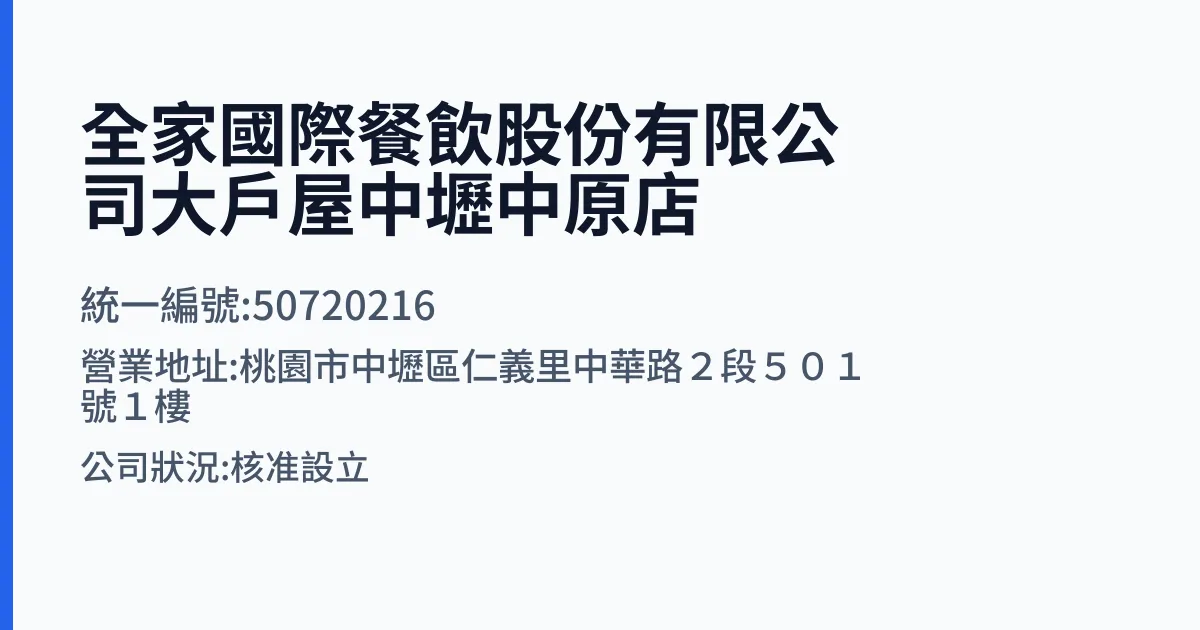 全家國際餐飲股份有限公司大戶屋中壢中原店 - 統編 50720216(桃園市) 公司登記資料與營業項目詳細圖表
