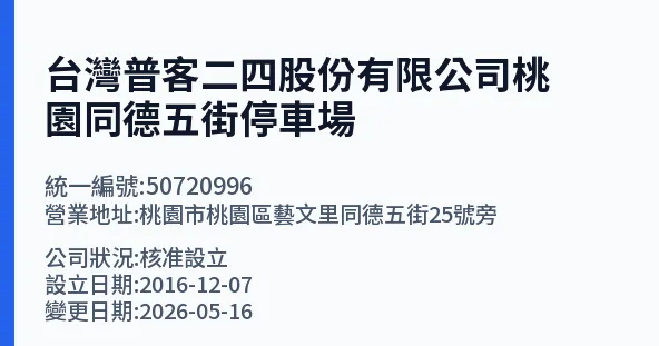 台灣普客二四股份有限公司桃園同德五街停車場的照片-統編 50720996(桃園市) 公司登記資料與營業項目詳細圖表