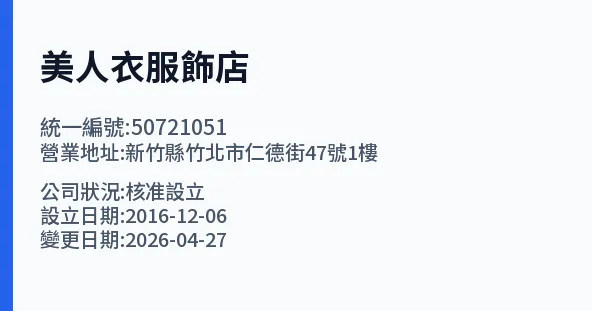 美人衣服飾店的照片-統編 50721051(新竹縣) 公司登記資料與營業項目詳細圖表