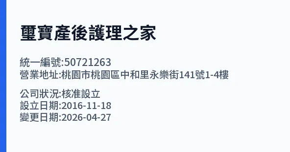 璽寶產後護理之家的照片-統編 50721263(桃園市) 公司登記資料與營業項目詳細圖表