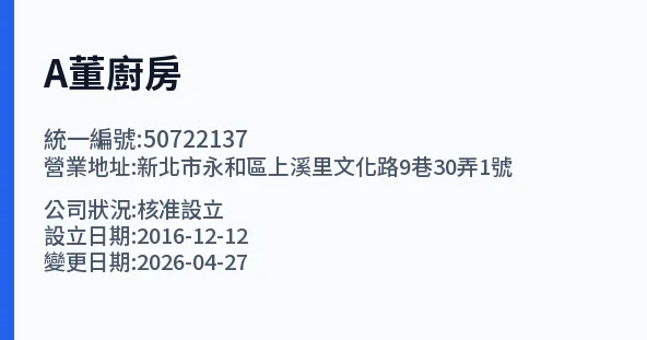 A董廚房的照片-統編 50722137(新北市) 公司登記資料與營業項目詳細圖表