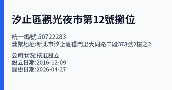 汐止區觀光夜市第12號攤位的照片-統編 50722283(新北市) 公司登記資料與營業項目詳細圖表