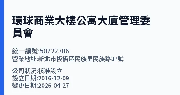 環球商業大樓公寓大廈管理委員會的照片-統編 50722306(新北市) 公司登記資料與營業項目詳細圖表