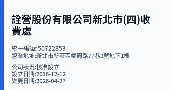 詮營股份有限公司新北市(四)收費處的照片-統編 50722853(新北市) 公司登記資料與營業項目詳細圖表