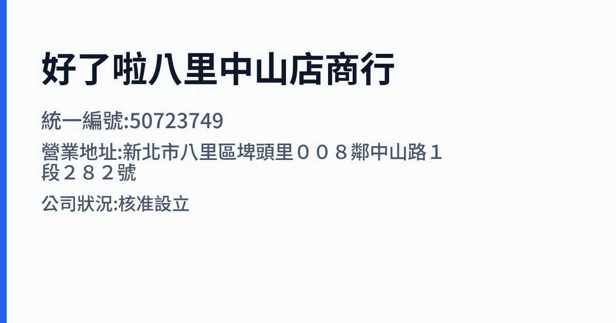 好了啦八里中山店商行 - 統編 50723749(新北市) 公司登記資料與營業項目詳細圖表
