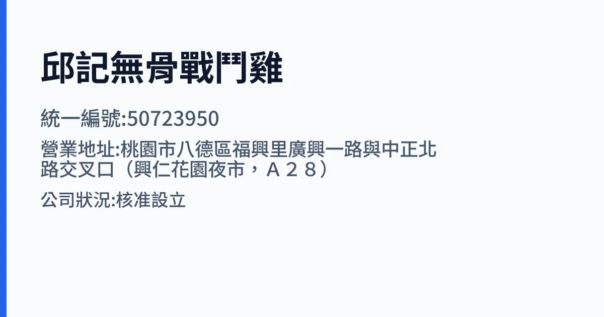 邱記無骨戰鬥雞 - 統編 50723950(桃園市) 公司登記資料與營業項目詳細圖表