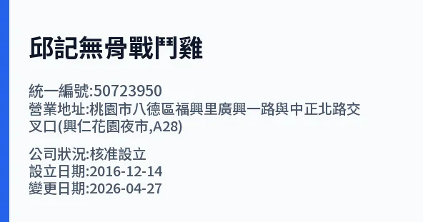 邱記無骨戰鬥雞的照片-統編 50723950(桃園市) 公司登記資料與營業項目詳細圖表