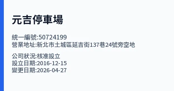 元吉停車場的照片-統編 50724199(新北市) 公司登記資料與營業項目詳細圖表