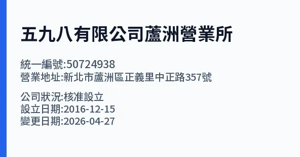 五九八有限公司蘆洲營業所的照片-統編 50724938(新北市) 公司登記資料與營業項目詳細圖表