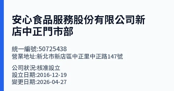 安心食品服務股份有限公司新店中正門市部的照片-統編 50725438(新北市) 公司登記資料與營業項目詳細圖表