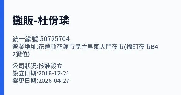 攤販-杜佾璘的照片-統編 50725704(花蓮縣) 公司登記資料與營業項目詳細圖表