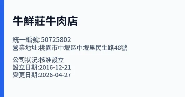 牛鮮莊牛肉店的照片-統編 50725802(桃園市) 公司登記資料與營業項目詳細圖表