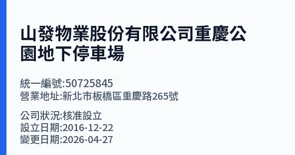 山發物業股份有限公司重慶公園地下停車場的照片-統編 50725845(新北市) 公司登記資料與營業項目詳細圖表