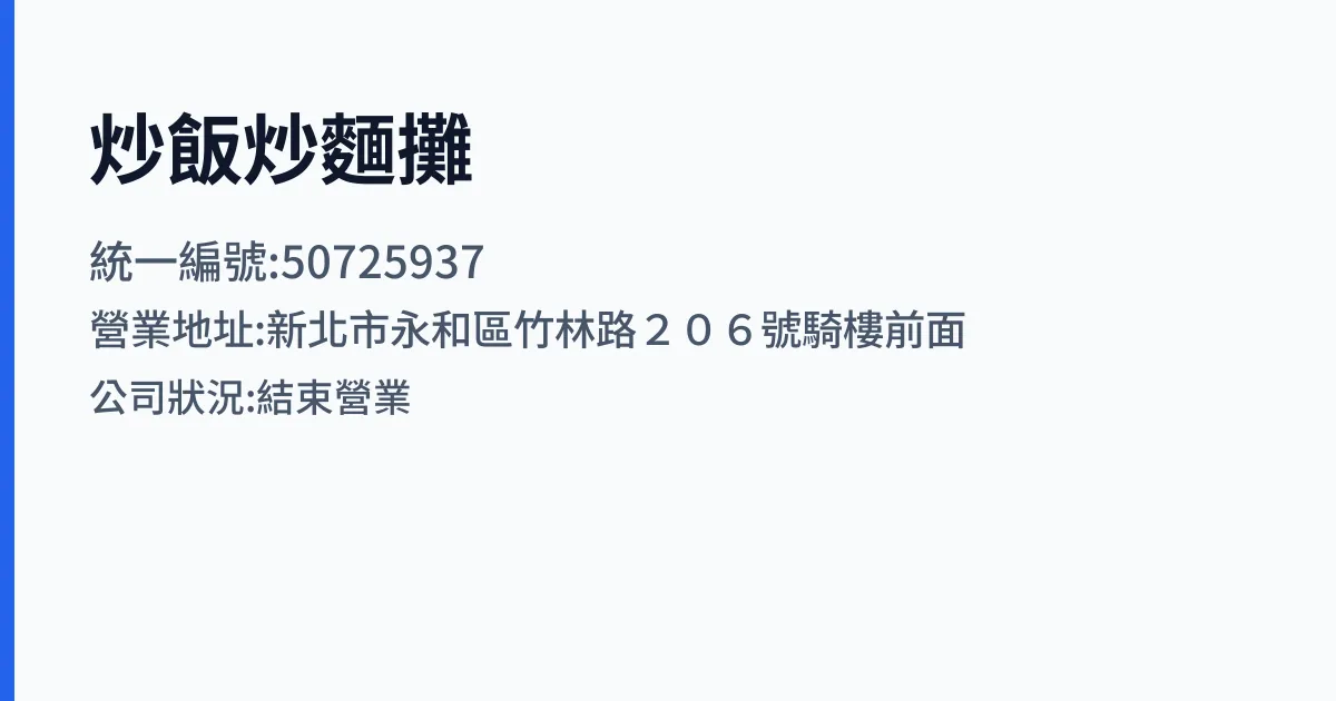 炒飯炒麵攤 - 統編 50725937(新北市) 公司登記資料與營業項目詳細圖表