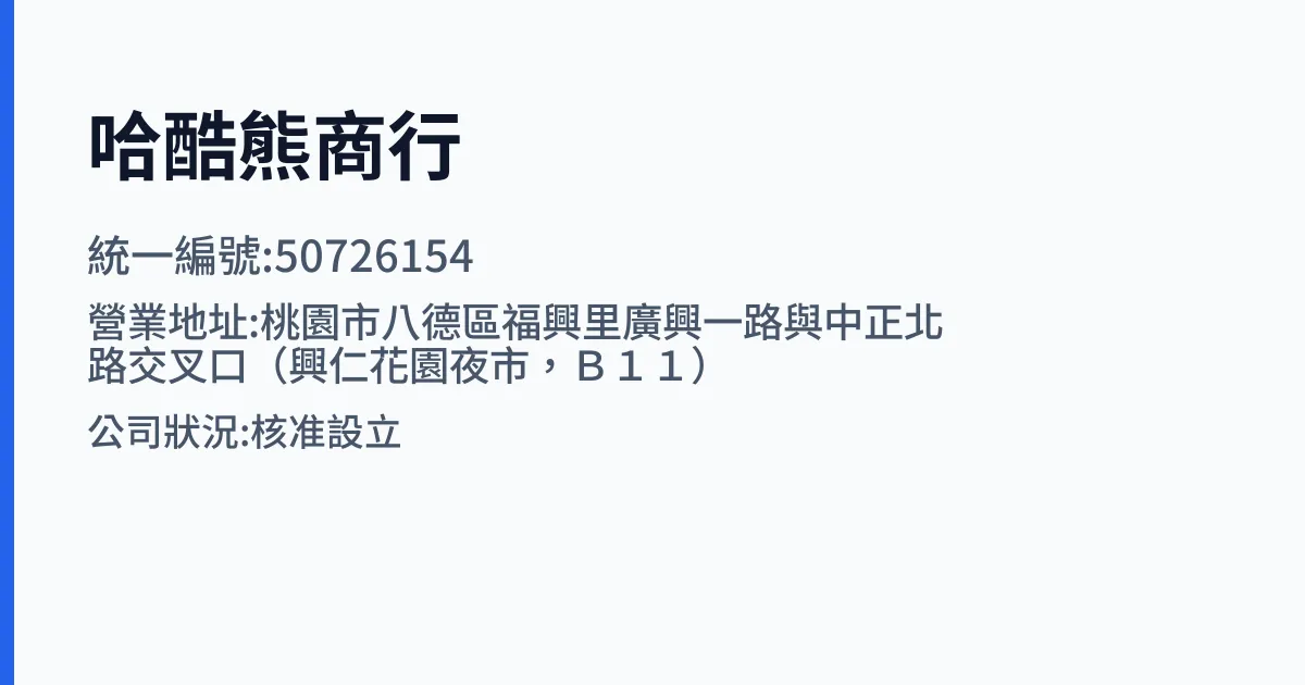 哈酷熊商行 - 統編 50726154(桃園市) 公司登記資料與營業項目詳細圖表