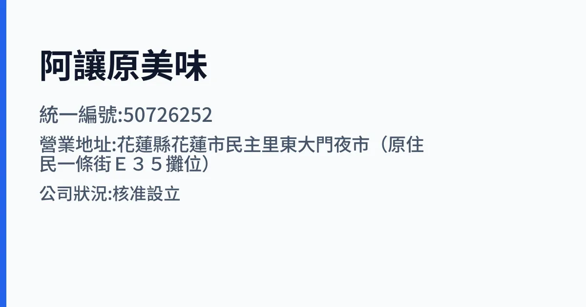 阿讓原美味 - 統編 50726252(花蓮縣) 公司登記資料與營業項目詳細圖表