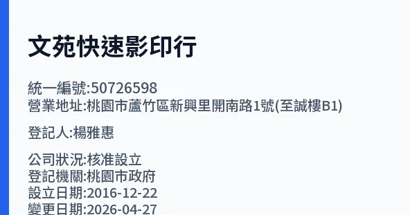 文苑快速影印行的照片-統編 50726598(桃園市) 公司登記資料與營業項目詳細圖表