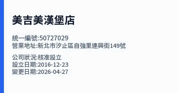 美吉美漢堡店的照片-統編 50727029(新北市) 公司登記資料與營業項目詳細圖表