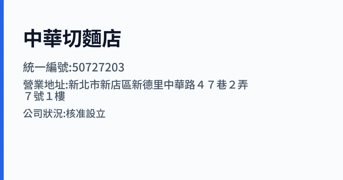 中華切麵店 - 統編 50727203(新北市) 公司登記資料與營業項目詳細圖表