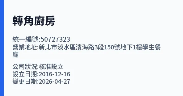 轉角廚房的照片-統編 50727323(新北市) 公司登記資料與營業項目詳細圖表