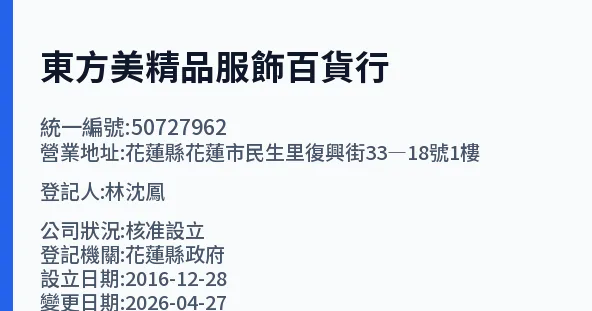 東方美精品服飾百貨行的照片-統編 50727962(花蓮縣) 公司登記資料與營業項目詳細圖表