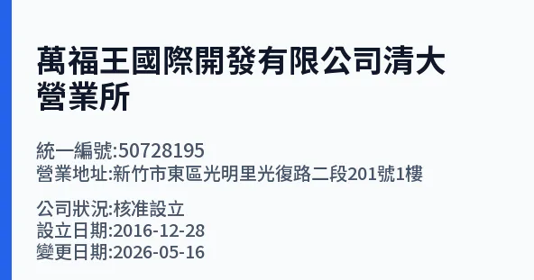 萬福王國際開發有限公司清大營業所的照片-統編 50728195(新竹市) 公司登記資料與營業項目詳細圖表