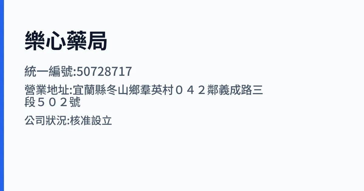 樂心藥局 - 統編 50728717(宜蘭縣) 公司登記資料與營業項目詳細圖表