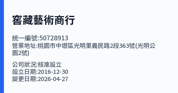 窖藏藝術商行的照片-統編 50728913(桃園市) 公司登記資料與營業項目詳細圖表