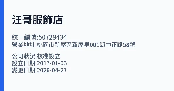 汪哥服飾店的照片-統編 50729434(桃園市) 公司登記資料與營業項目詳細圖表