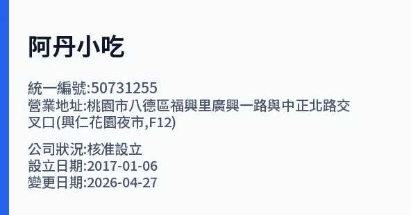 阿丹小吃的照片-統編 50731255(桃園市) 公司登記資料與營業項目詳細圖表