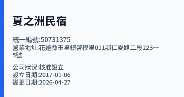 夏之洲民宿的照片-統編 50731375(花蓮縣) 公司登記資料與營業項目詳細圖表